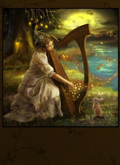 the elven maid playing harp | The Laurelin Archives